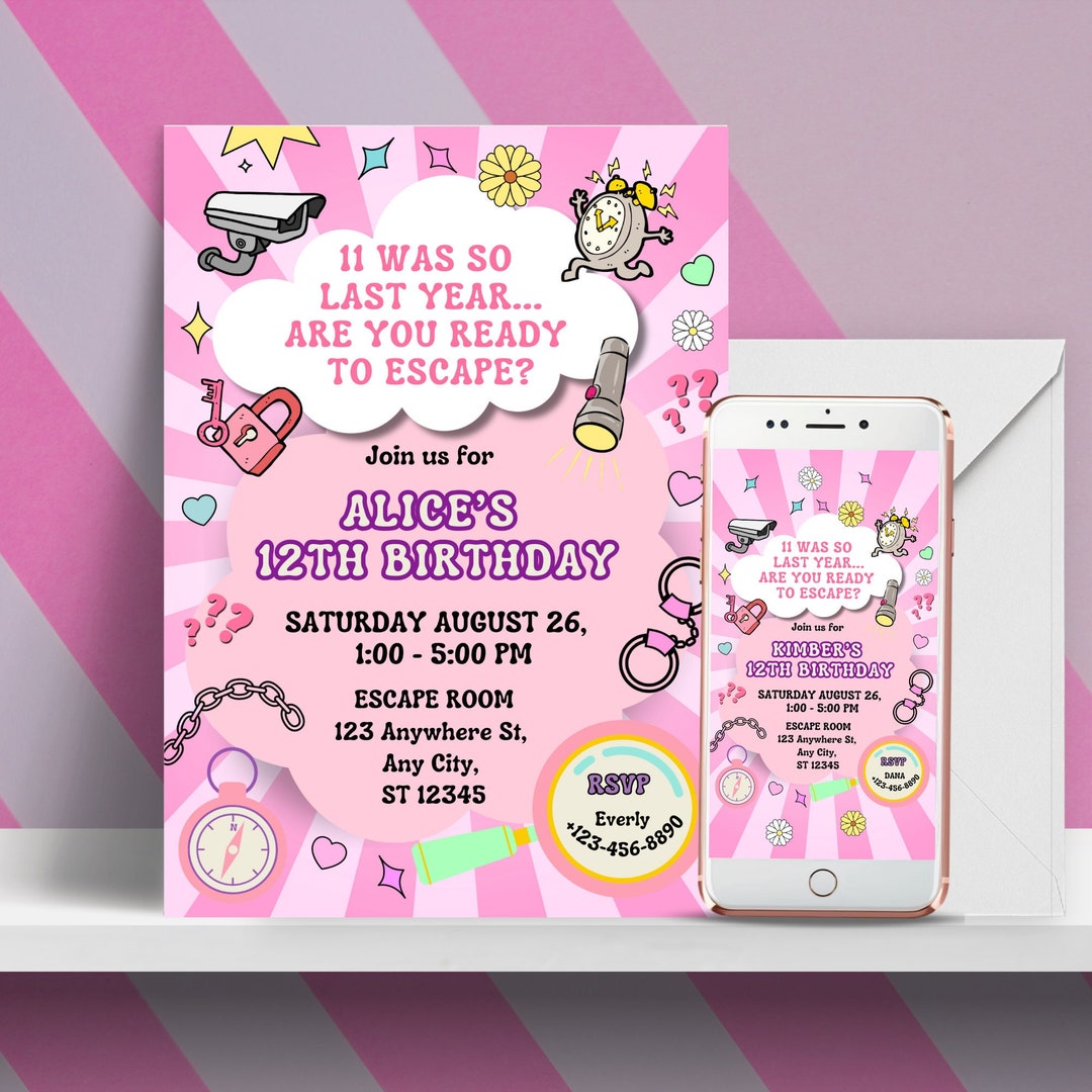 Editable Escape Room Birthday Invitation, Digital Neon Invite, Kids or ...