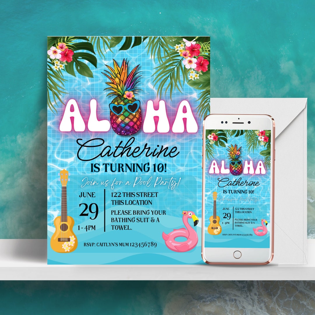 Editable Aloha Pool Party Invitation, Hawaiian Birthday Invite ...
