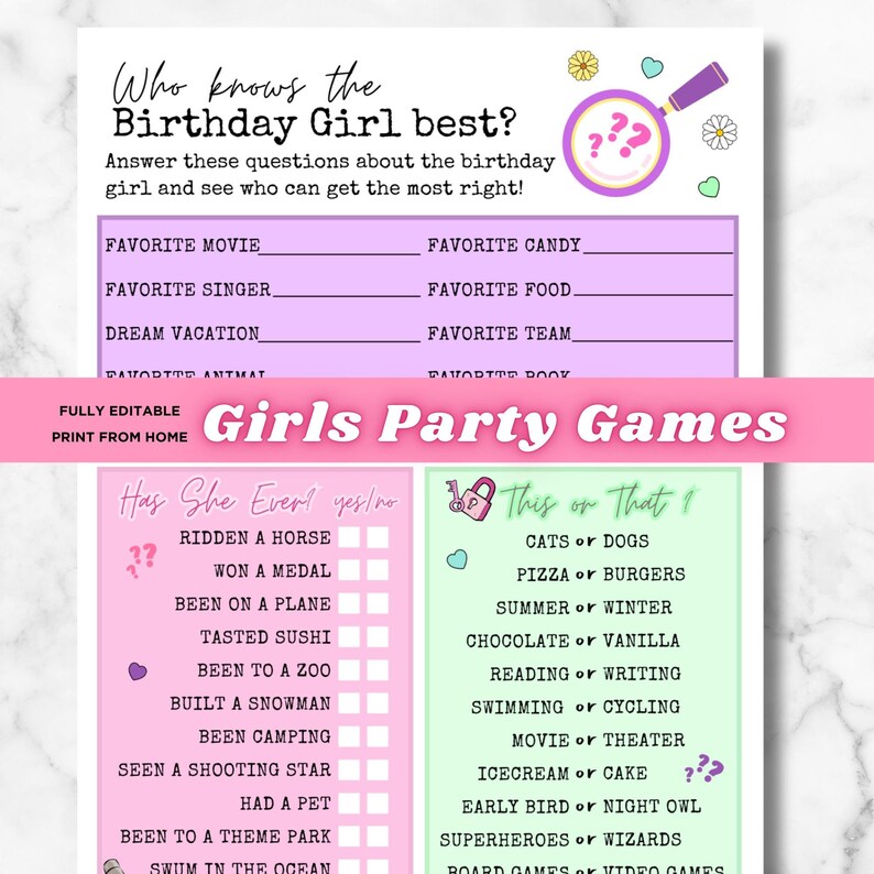 Who Knows the Birthday Girl Best, Editable Printable Pink Birthday Game ...