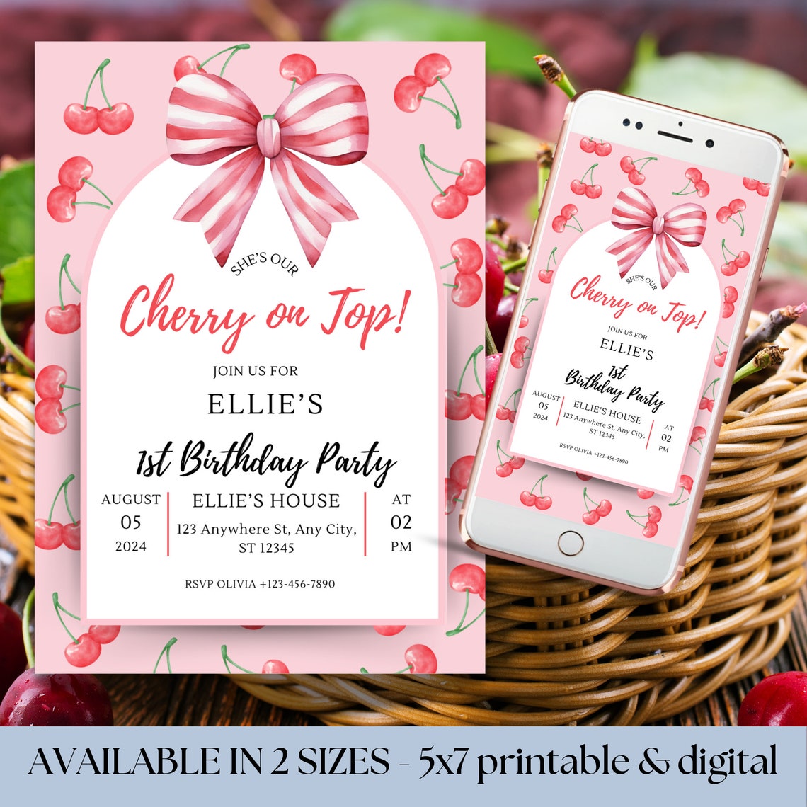 Editable Cherry 1st Birthday Invitation Cherry on Top 1st Birthday ...