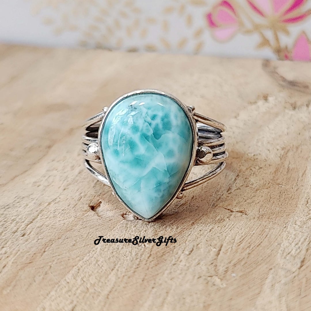 Natural Larimar Ring, Boho Ring, 925 Sterling Silver Ring, Handmade Jewelry, Gemstone Larimar ...