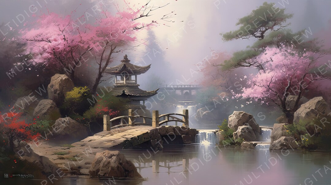 Digital Illustration Enchanting Japanese Garden Simulated Painting 02 ...