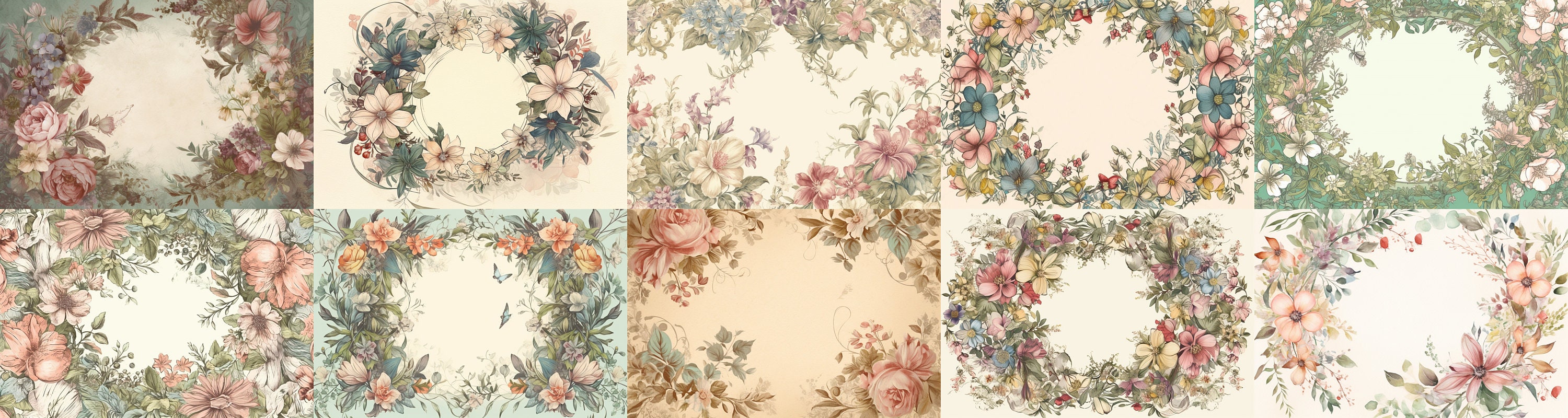 Vintage Flowers Border Digital Download 10 PNG and SVG Files Beautiful ...