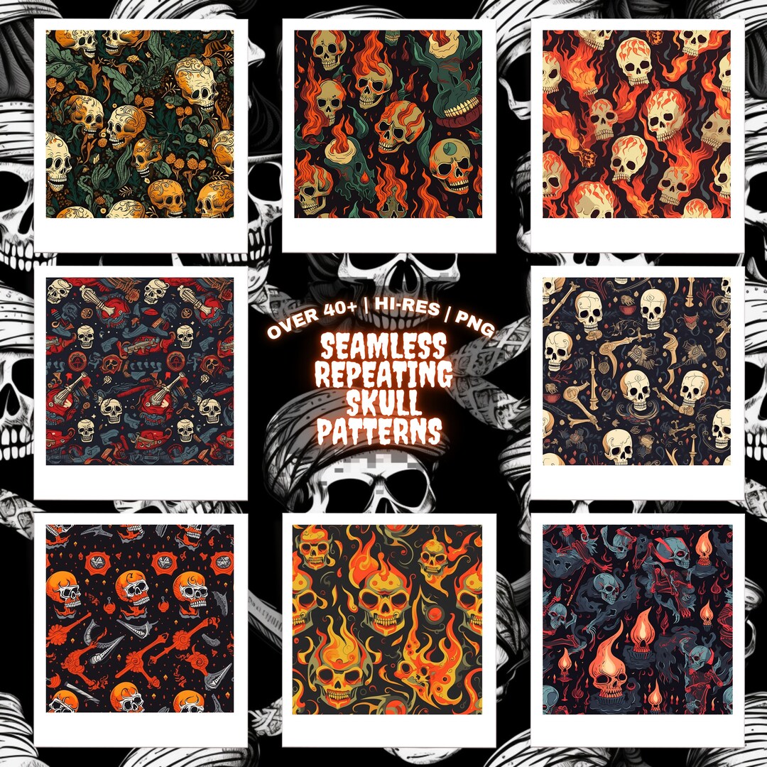 Skull, Seamless Repeat Pattern, PNG, Background, Printable, Commercial ...