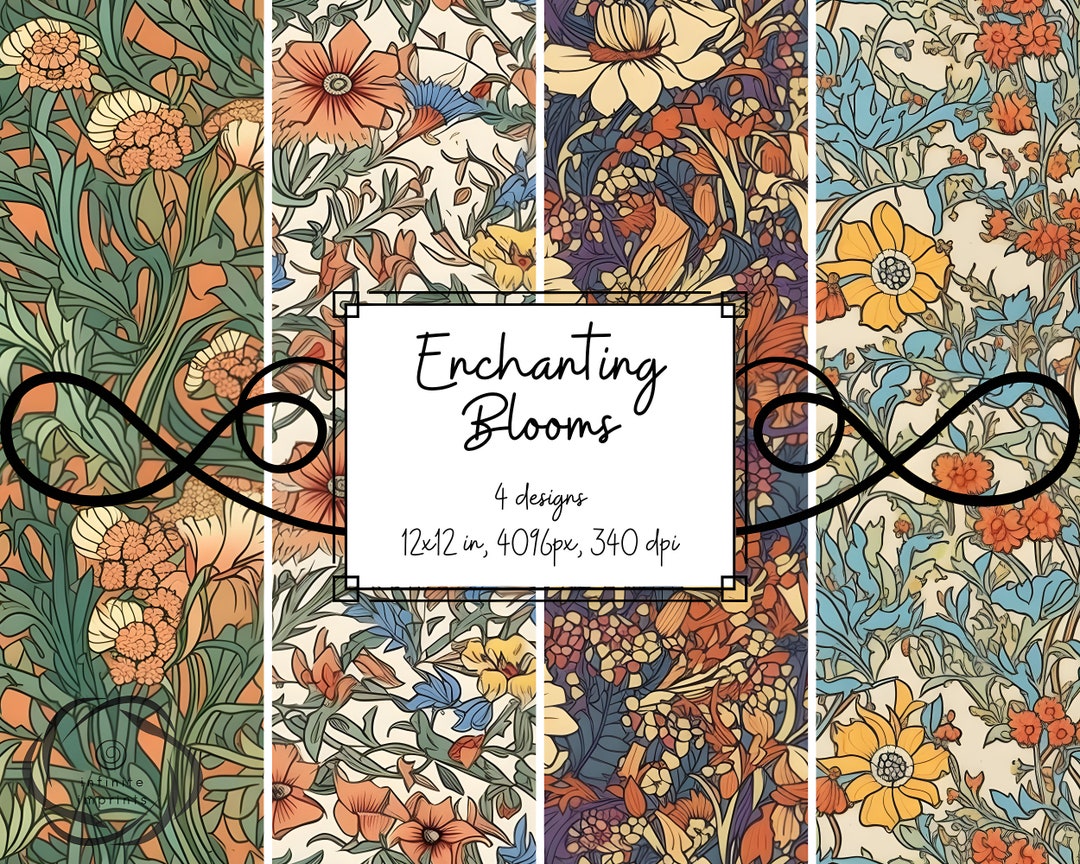 Floral Art Digital Paper Enchanting Blooms 4 Piece Collection of ...
