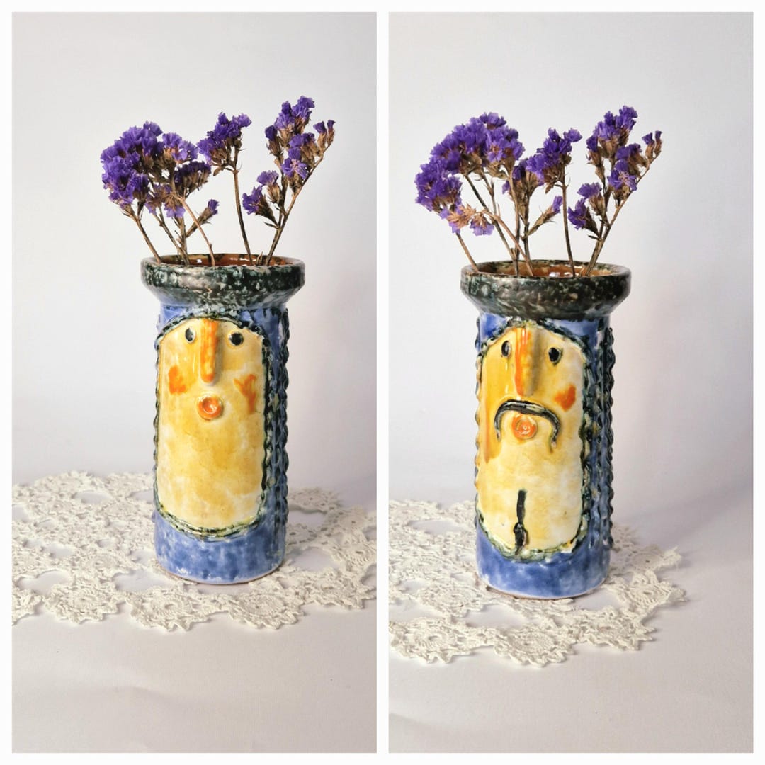 Vintage Ceramic Vase With Two Faces Pattern Retro Hungarian Hand Made ...