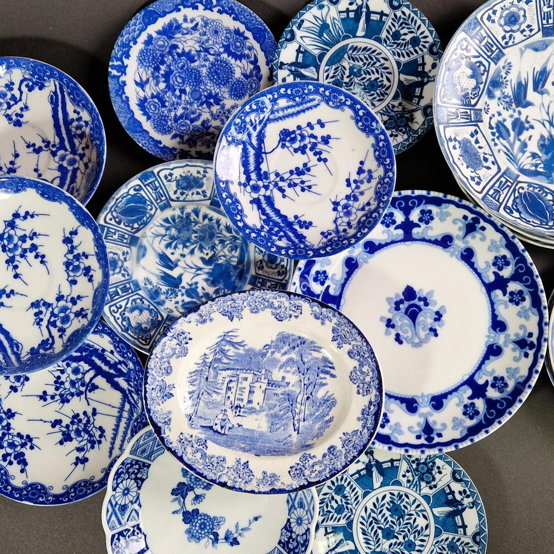 Rare Vintage Blue & White Mismatched Plates Nippon Tokusei Retro Blue ...