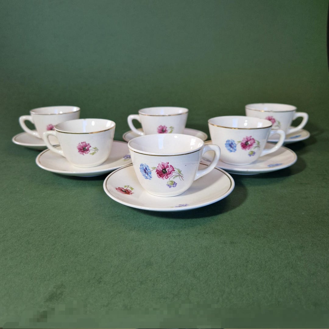 Rare Vintage Gránit Cup Set for Six With Saucers Retro Romantic Flower ...