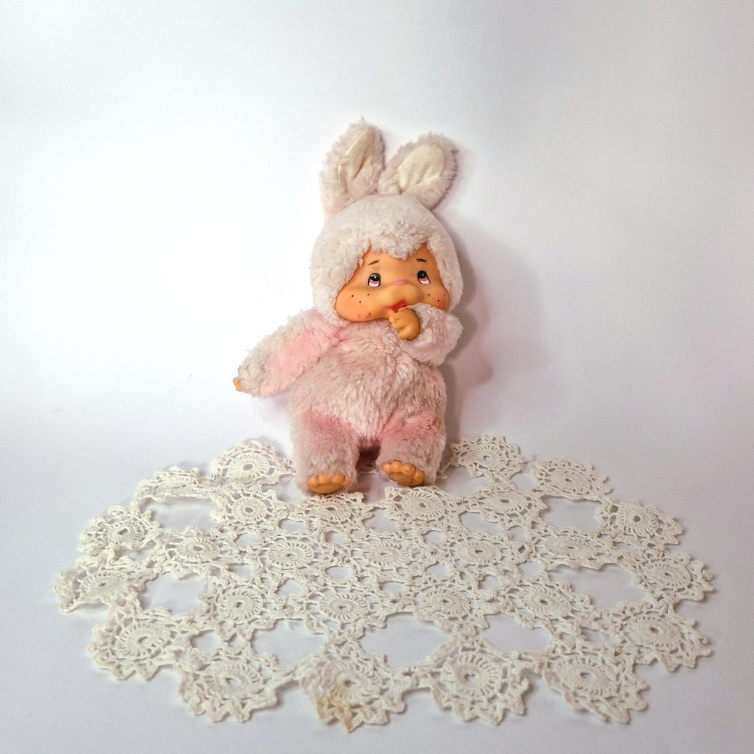 Vintage Monchichi Doll in Pink Fur Whith Bunny Ears Retro Toy Thumb ...