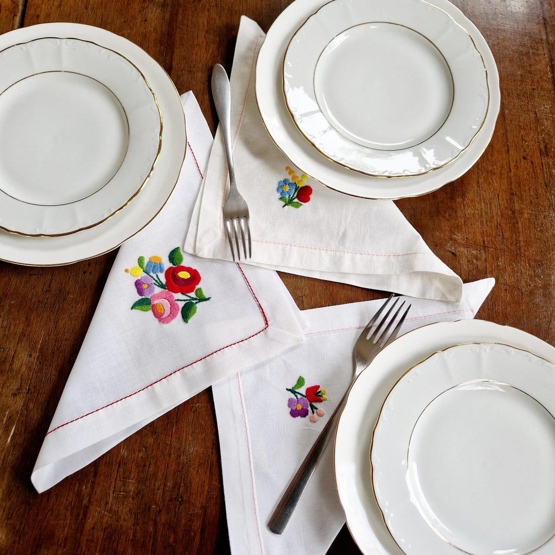 Set of Eight Vintage Hand Embroidered Napkins Retro Folk Table Decor ...