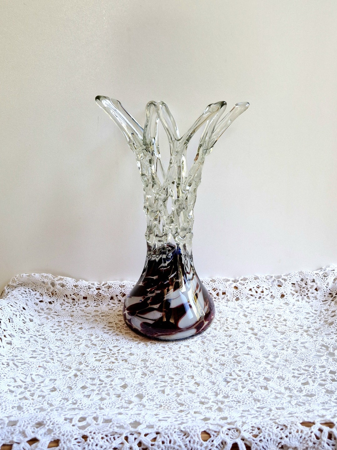 Vintage Murano Style Glass Vase Hand Made Lattice Web Glasswork Retro ...