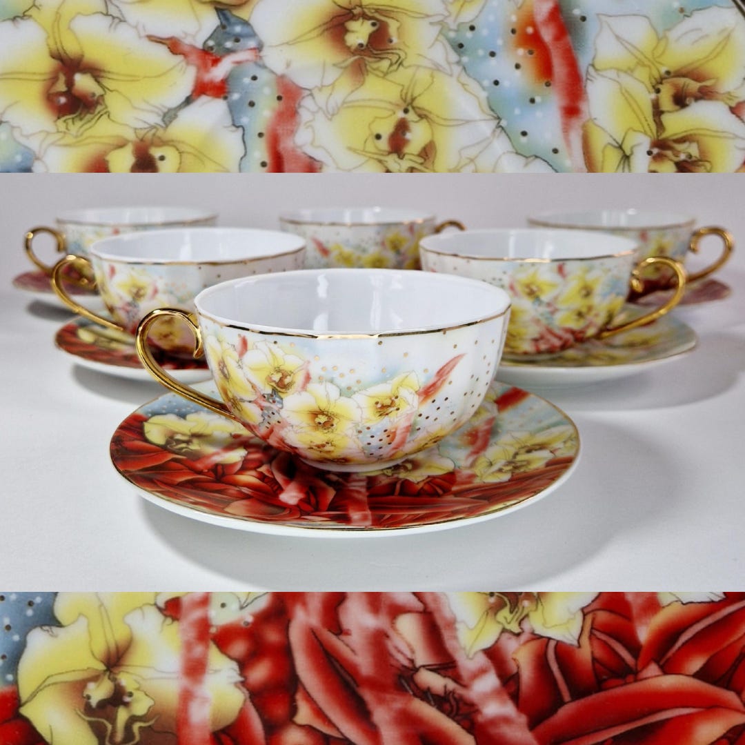 Vintage Porcelain Orchid Tea Cup Set With Saucers Y2K Style Tea Cups ...