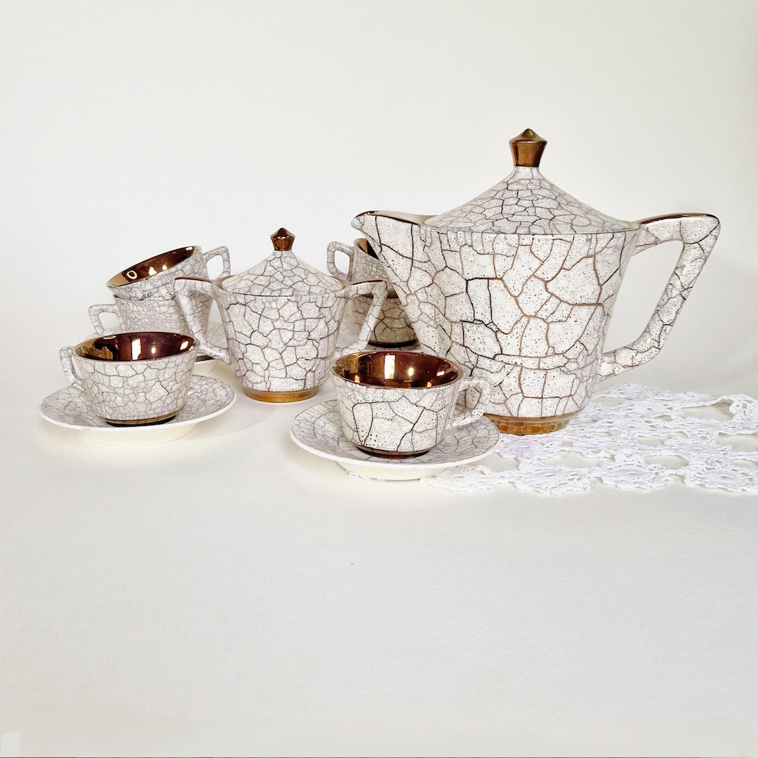 Vintage Porcelain Tea Set With Sugar Bowl and Pot Retro Marble Pattern ...