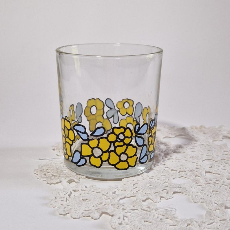 Vintage Nutella Yellow Floral Glass Tumbler Retro Floral Glass Vintage ...