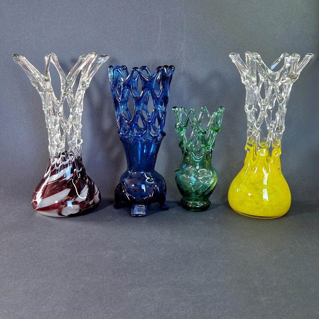 Vintage Murano Style Glass Vases Mouth Blown and Handmade Lattice Web ...
