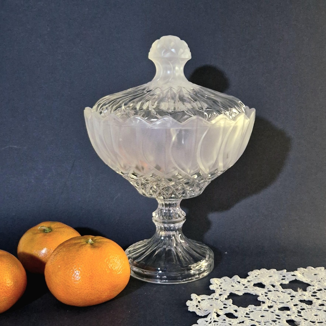 Mi-century Glass Footed Large Candy Bowl With Lid Retro MCM Decorative ...