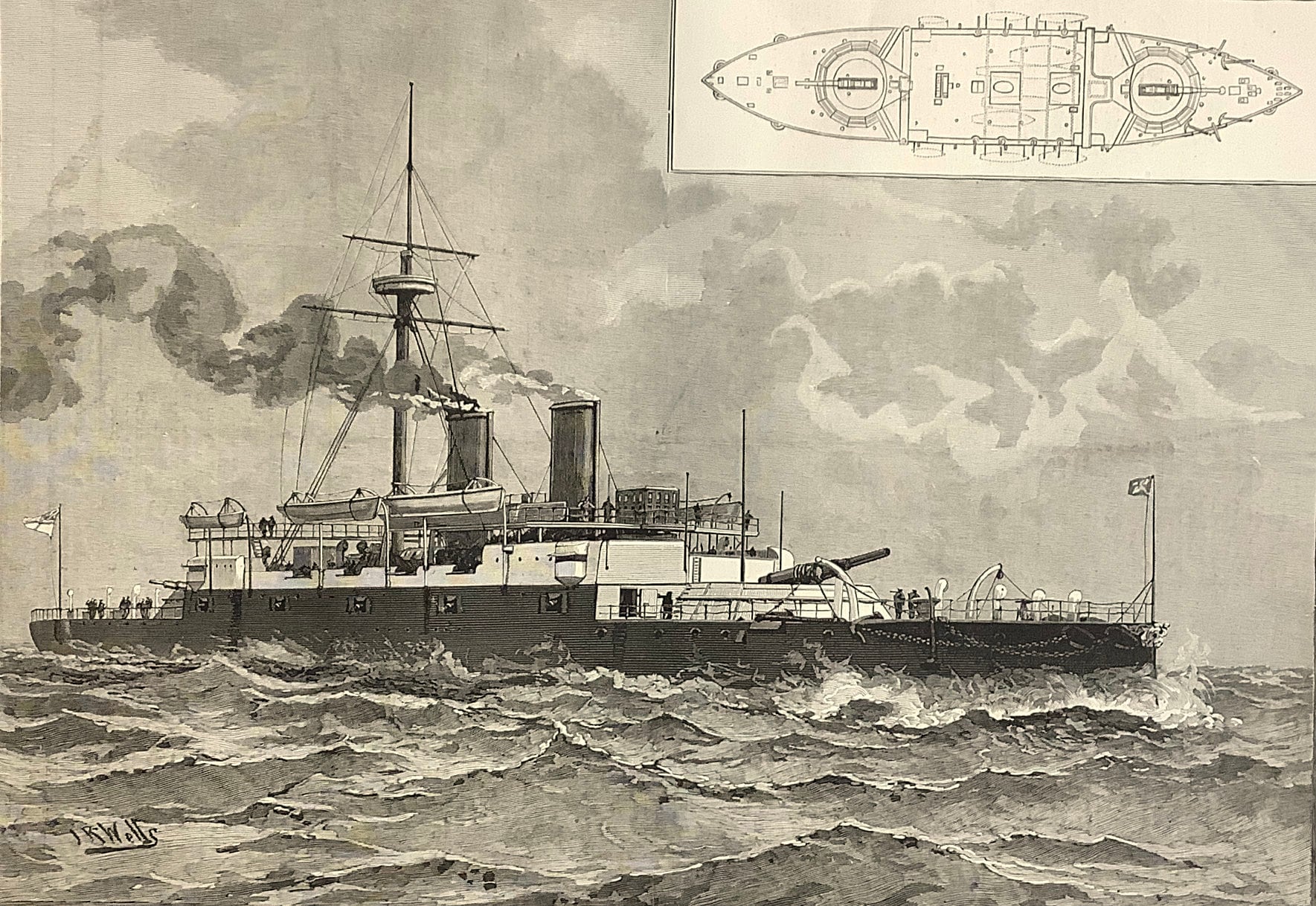 1886 HMS BENBOW Original Illustration -by J R Wells - Illustrated ...
