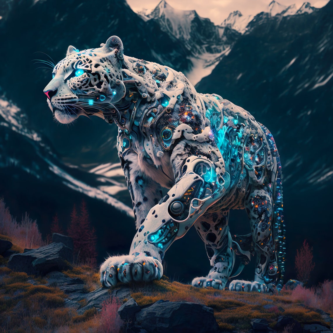 Neon Cyborg Snow Leopard in the Himalayas Digital Art - Etsy