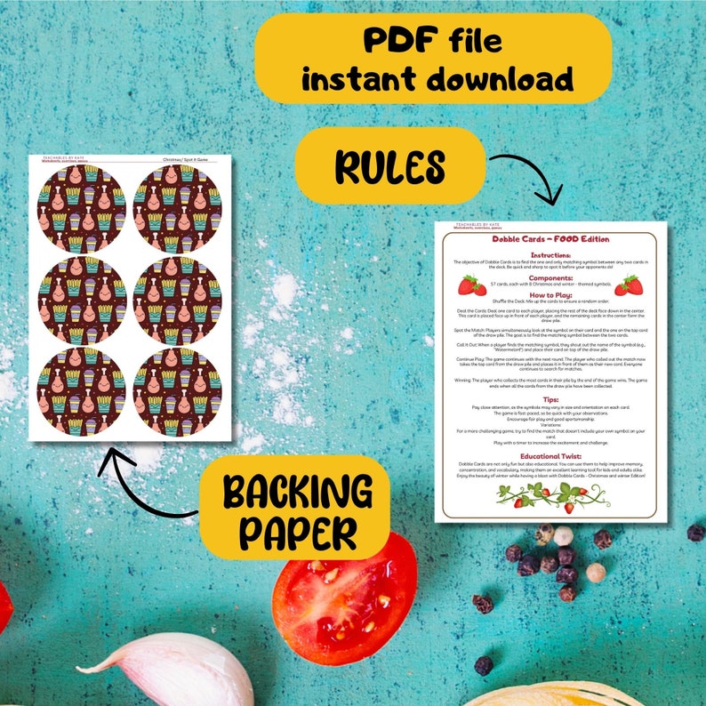 Food Spot It Card Game: Vocabulary Matching for Kids (PDF File) - Etsy