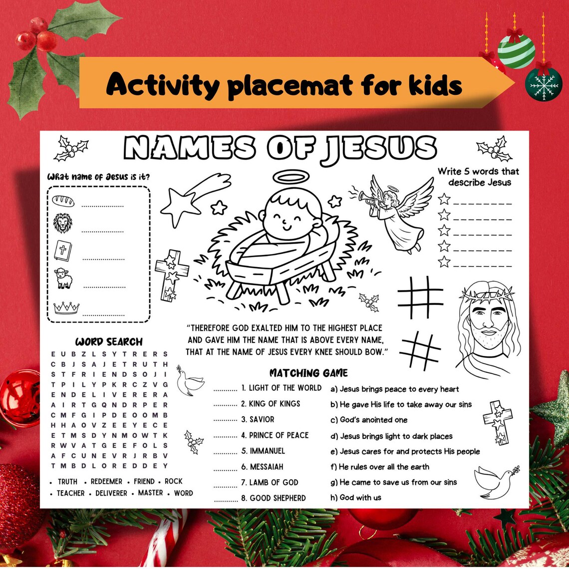 Names of Jesus Activity Placemat for Kids Christmas Bible Printable ...