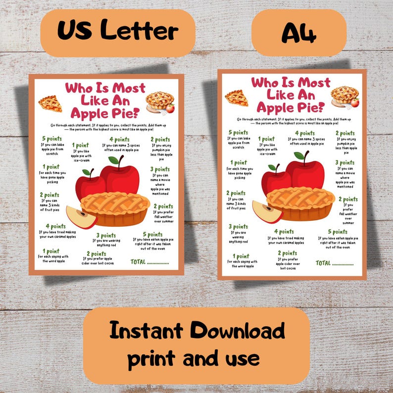 Apple Pie Game: Printable Fall Party Activity (digital Download ...
