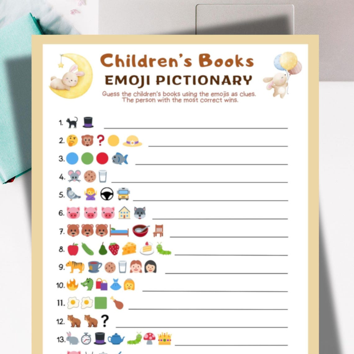 Emoji Pictionary Game: Children's Book Title Quiz (printable PDF ...
