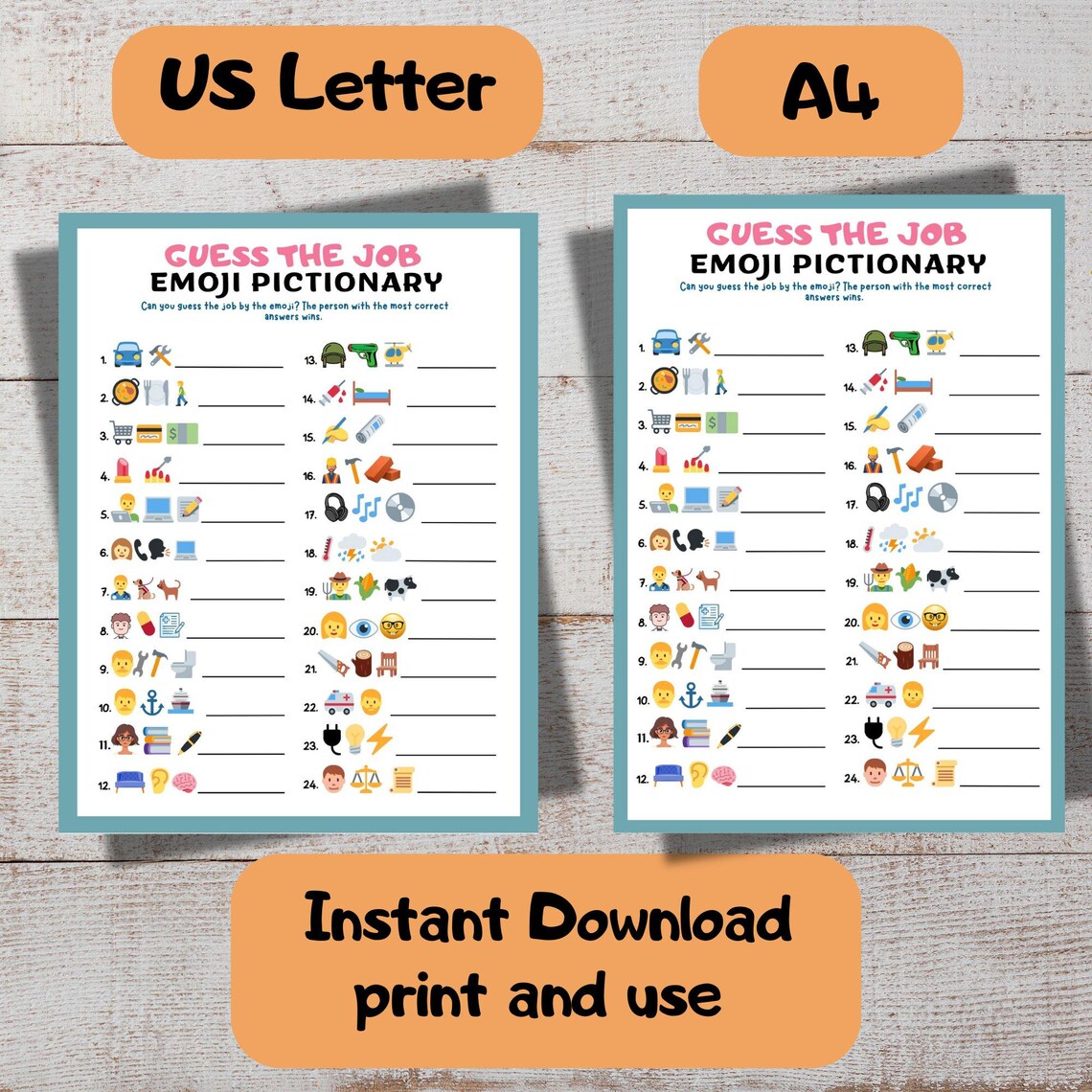 Emoji Job Pictionary Game: Printable Party Riddles (PDF Download ...