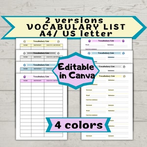 Vocabulary List Template Editable Worksheet Language Study Notebook ...