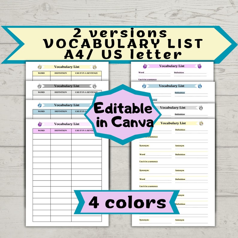 Vocabulary List Template Editable Worksheet Language Study Notebook ...