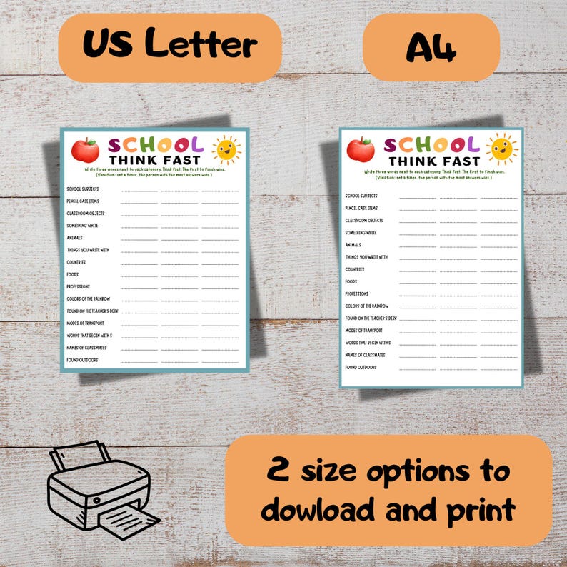 Back to School Think Fast Icebreaker Game Printable Worksheet Quick ...