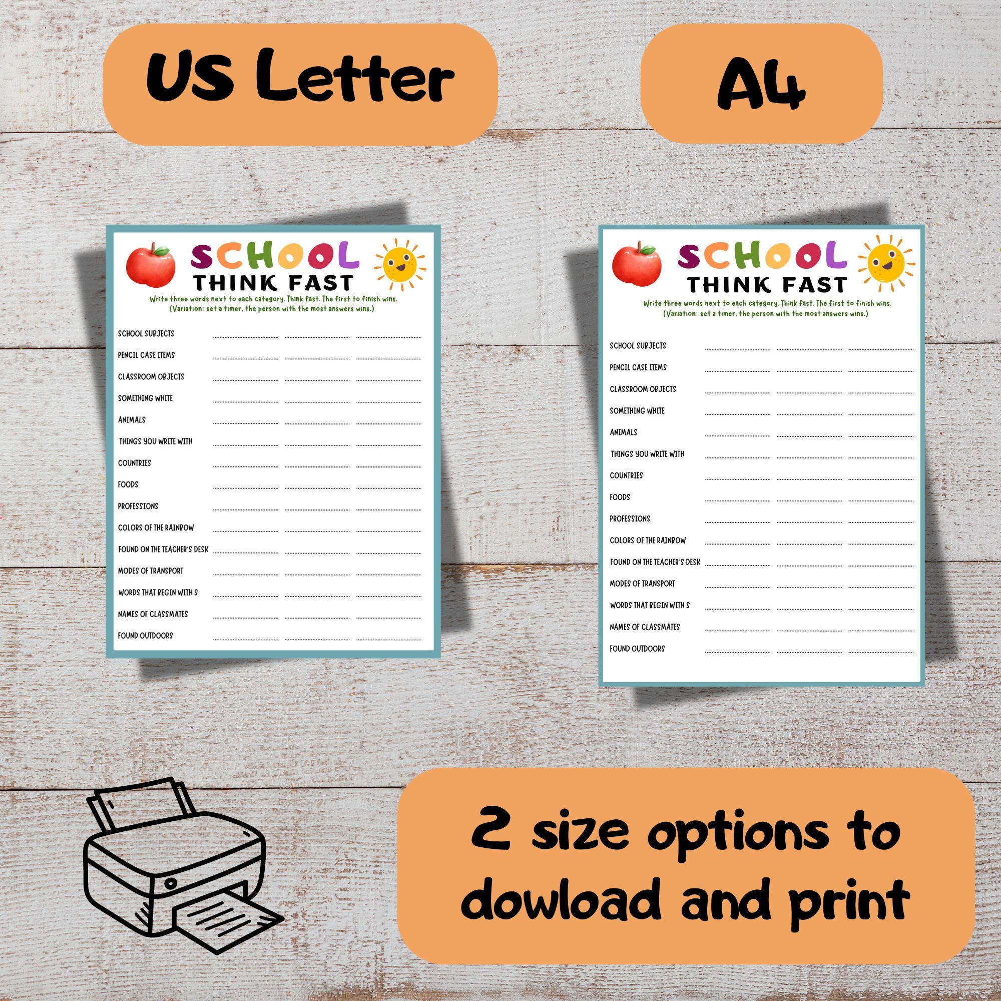 Back to School Think Fast Icebreaker Game Printable Worksheet Quick ...
