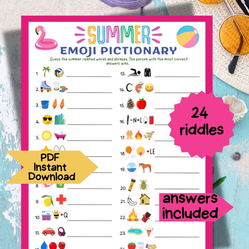 Summer Emoji Pictionary Summer Party Game Printable Games for Kids ...