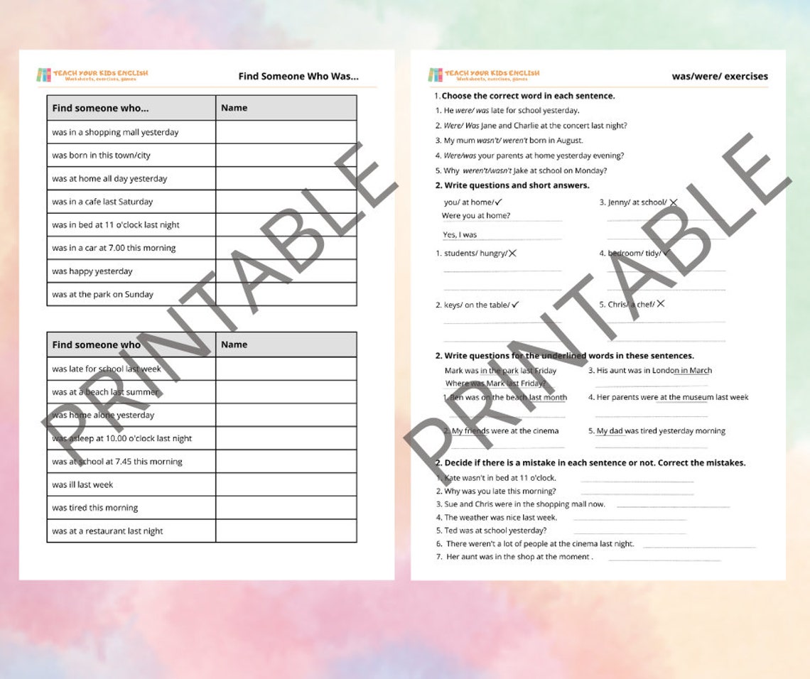 Was Were Past Simple Grammar Worksheet Bundle (PDF) - Etsy