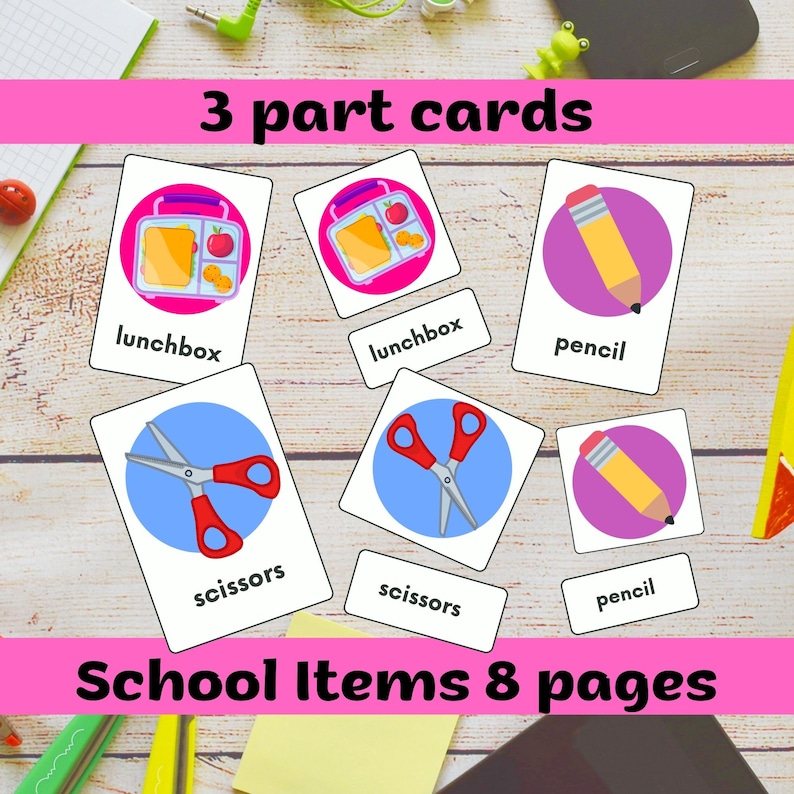 Back to School Items Flashcards School Supplies Vocabulary Picture Word ...