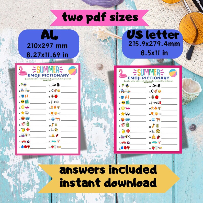 Summer Emoji Pictionary Summer Party Game Printable Games for Kids ...