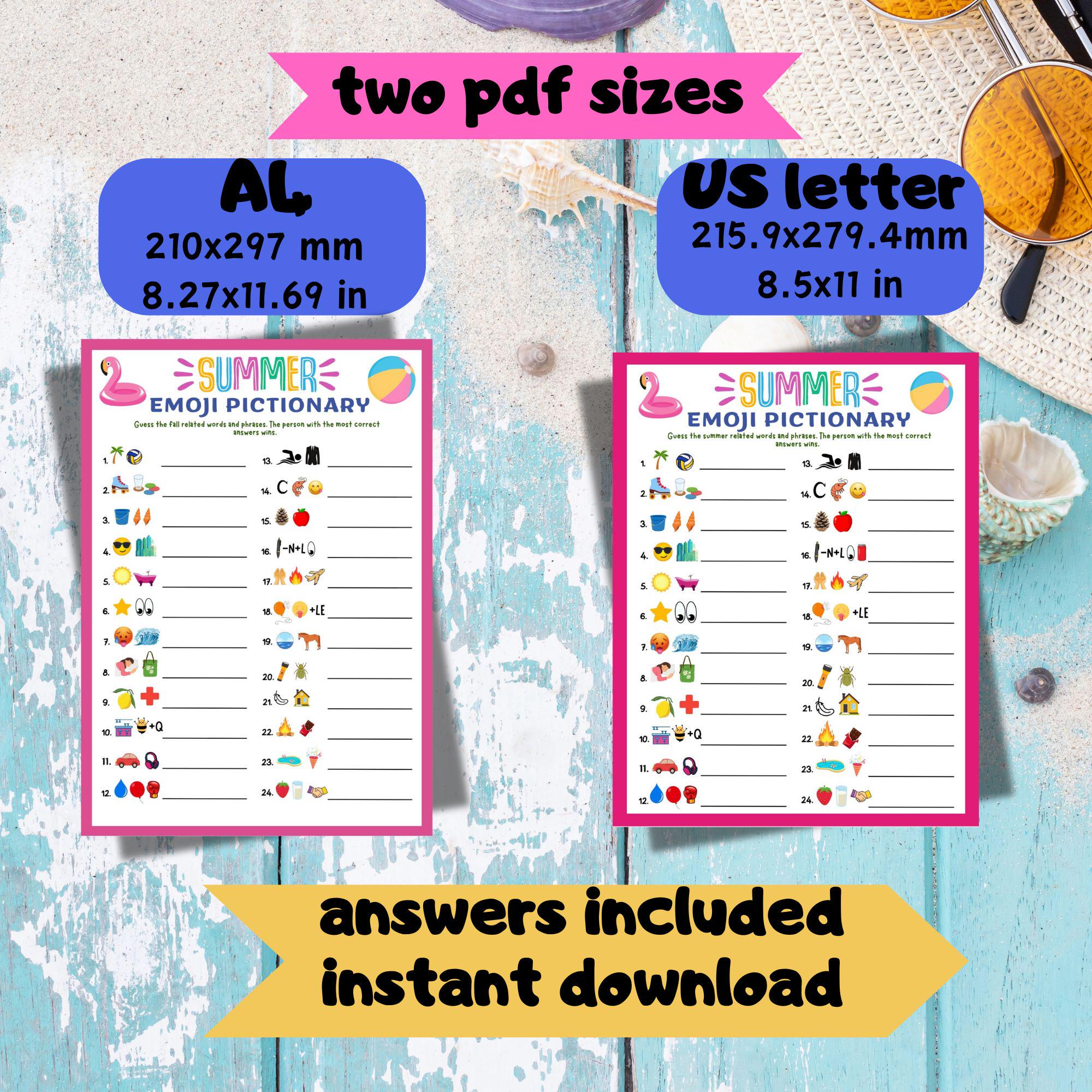 Summer Emoji Pictionary Game: 24 Riddles, Printable Party Activity (PDF ...