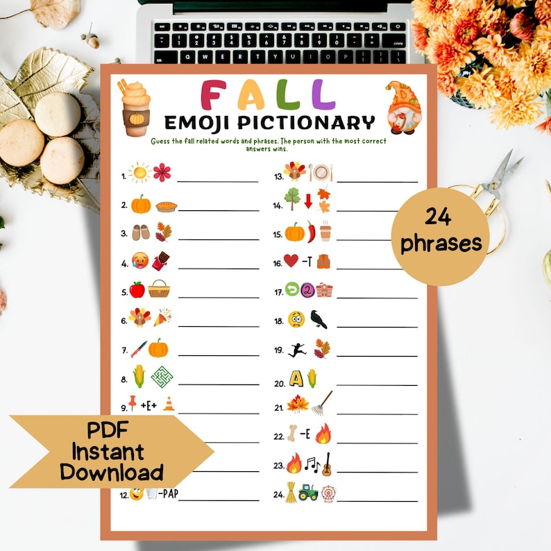 Fall Autumn Emoji Pictionary Game Picture Puzzle Word Quiz Worksheets ...