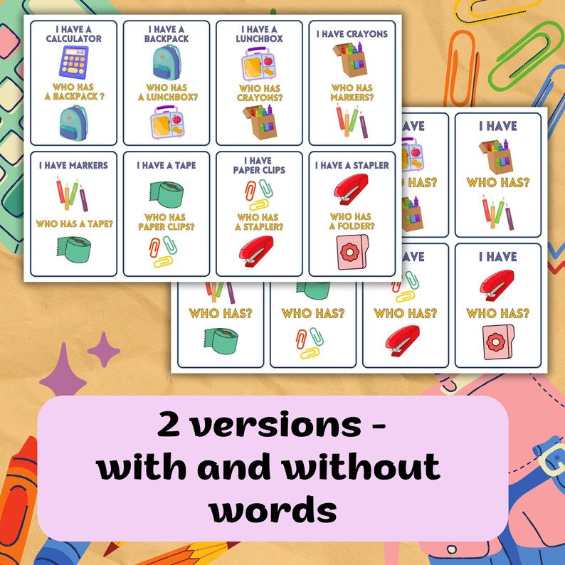 School Supplies Vocabulary Game: Language Learning Flashcards (PDF ...