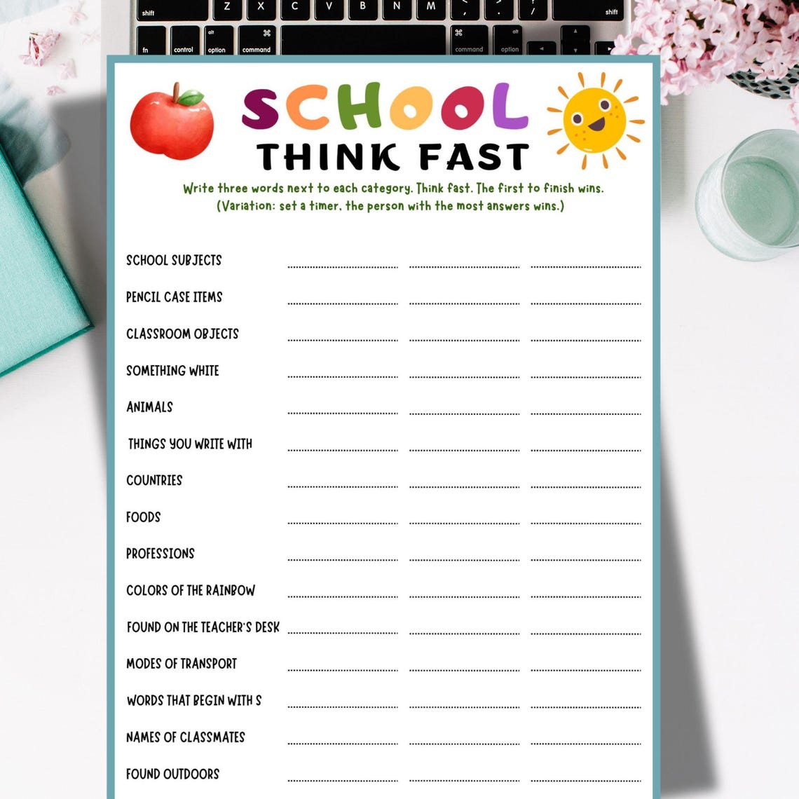 Back to School Think Fast Icebreaker Game Printable Worksheet Quick ...