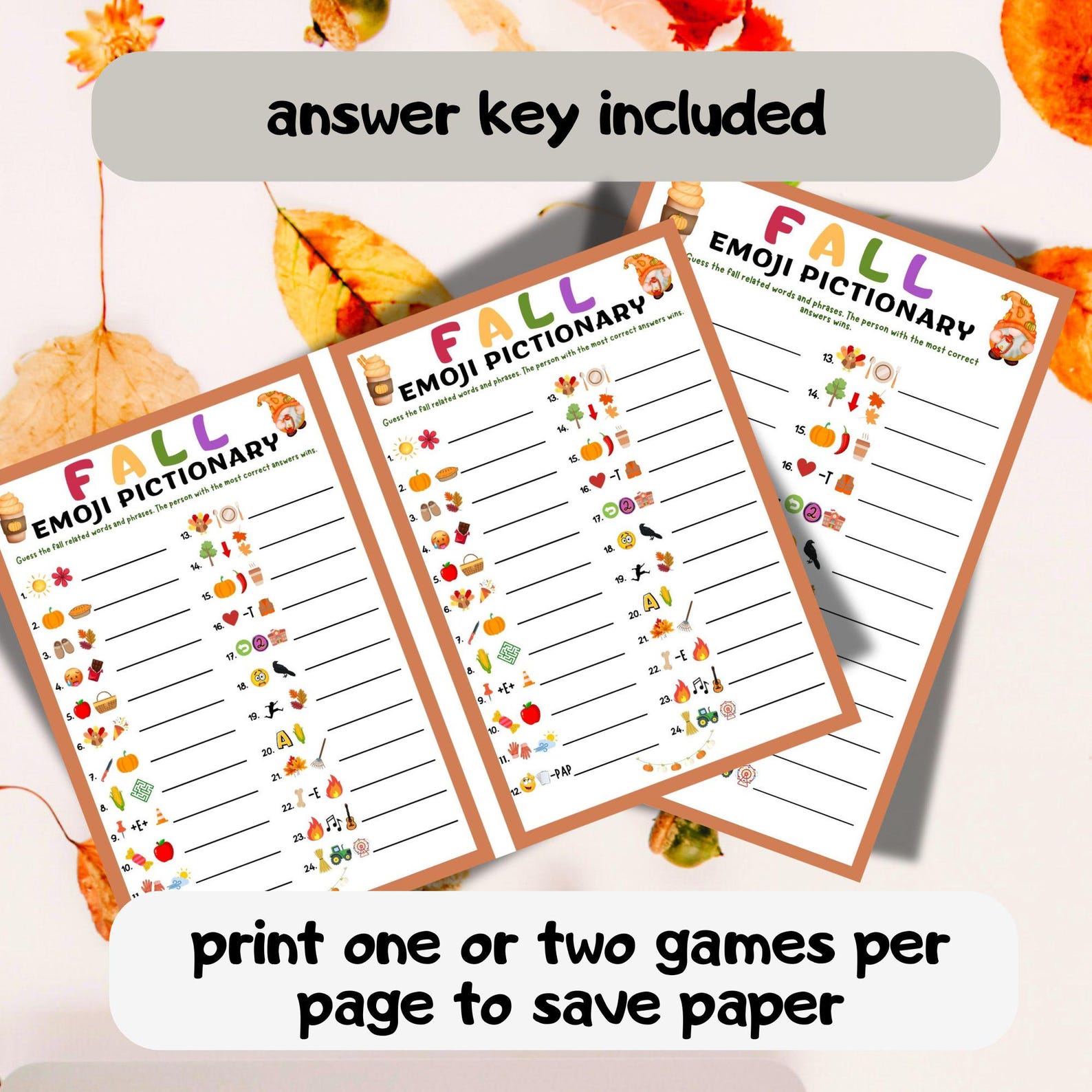 Fall Autumn Emoji Pictionary Game Picture Puzzle Word Quiz Worksheets ...