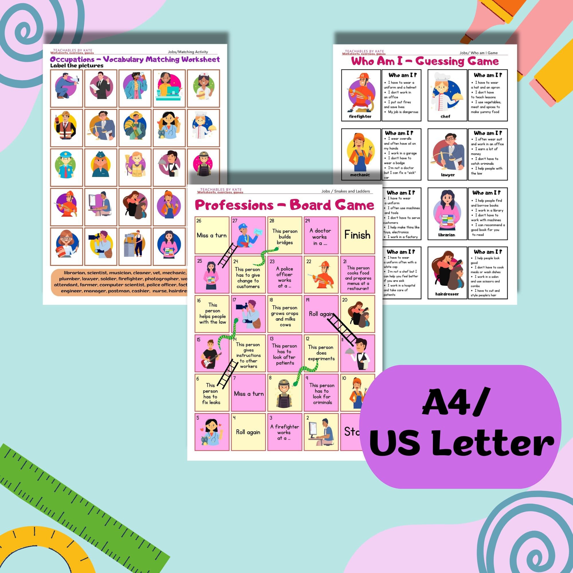 Jobs & Professions Vocabulary Activities: ESL Worksheet Bundle (PDF) - Etsy