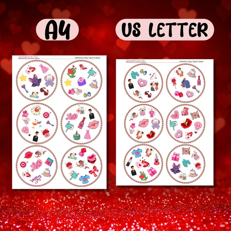 Valentine's Day Spot It Game: Printable Matching Cards Game for Kids ...