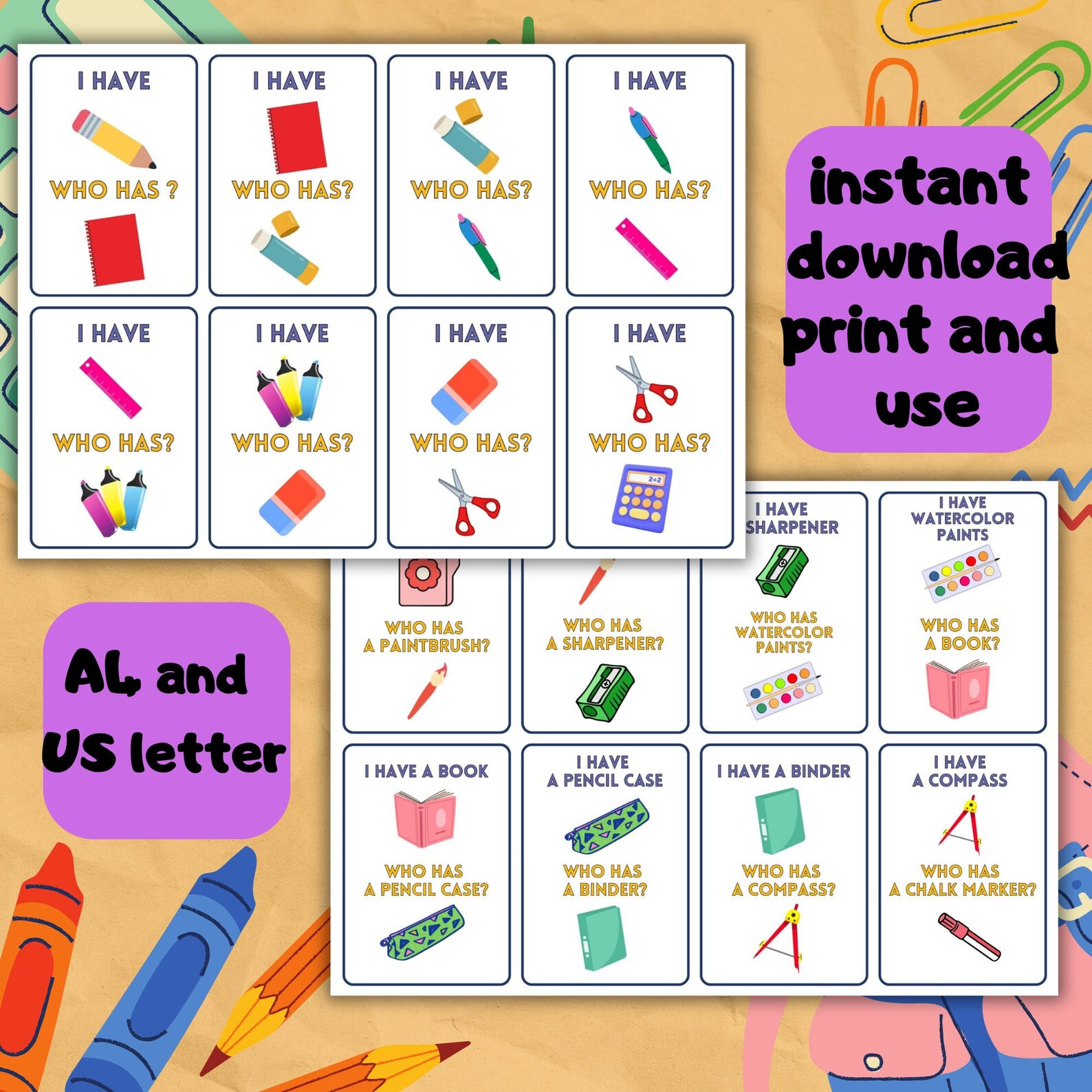 School Supplies Vocabulary Game: Language Learning Flashcards (PDF ...