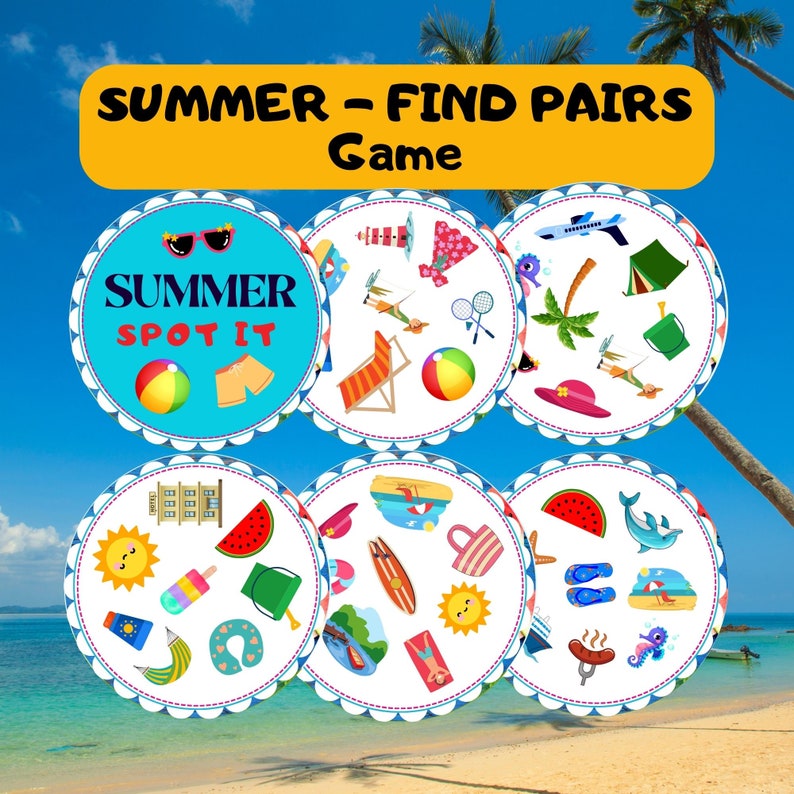 Summer Game for Kids Spot It Seek It Find Pairs Match Pictures Activity ...