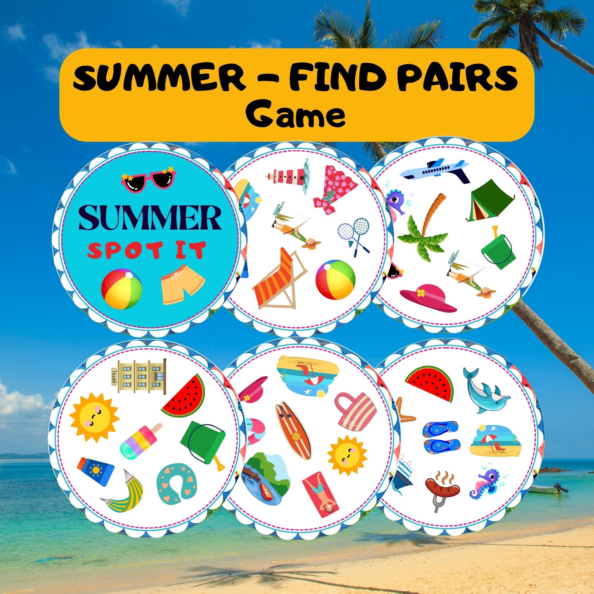 Summer Game for Kids Spot It Seek It Find Pairs Match Pictures Activity ...