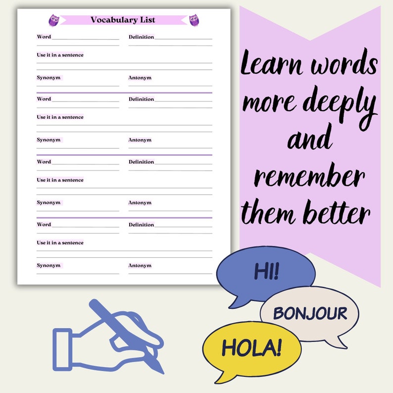 Vocabulary List Template Editable Worksheet Language Study Notebook ...