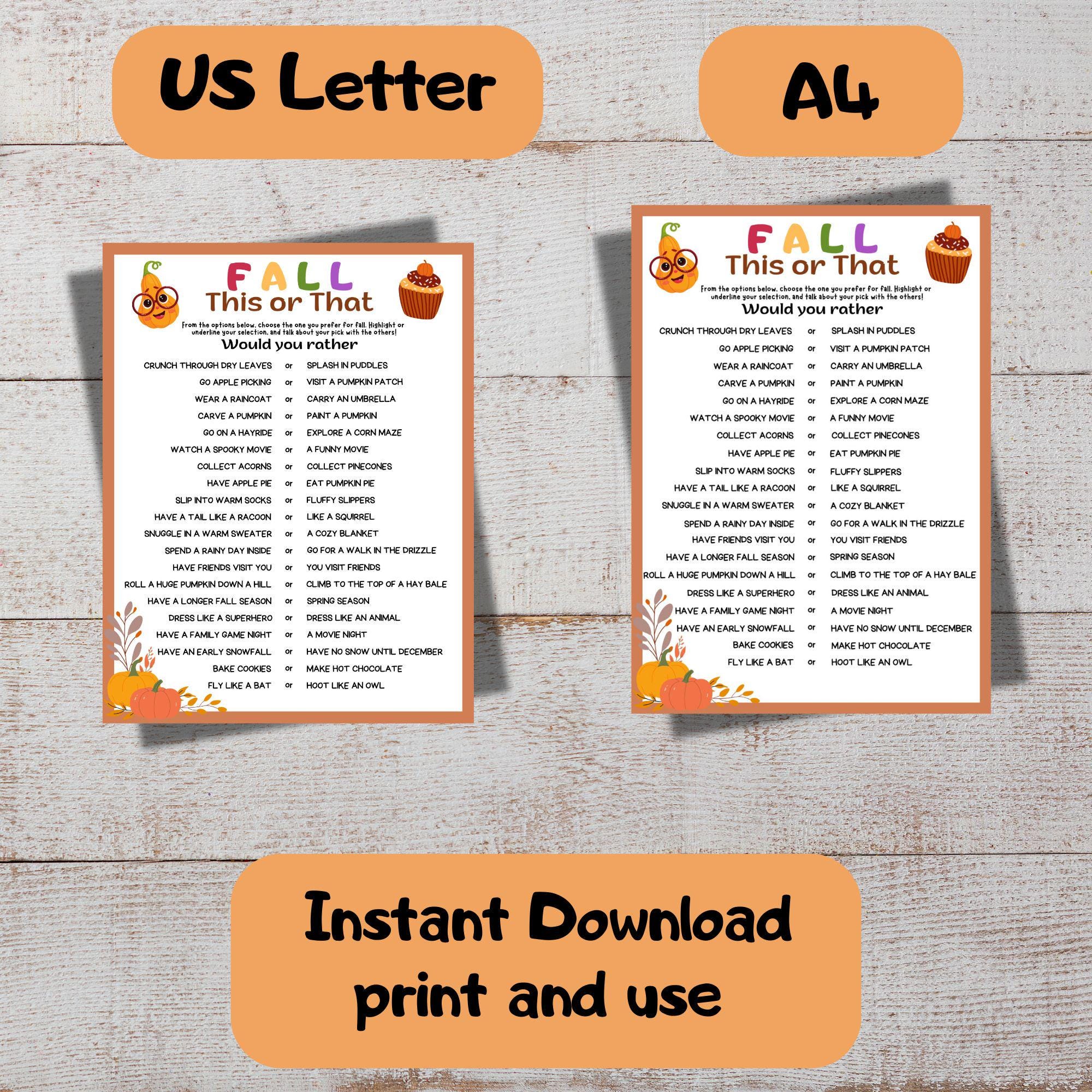 Fall Autumn This or That Game: Printable Activity (PDF Download) - Etsy