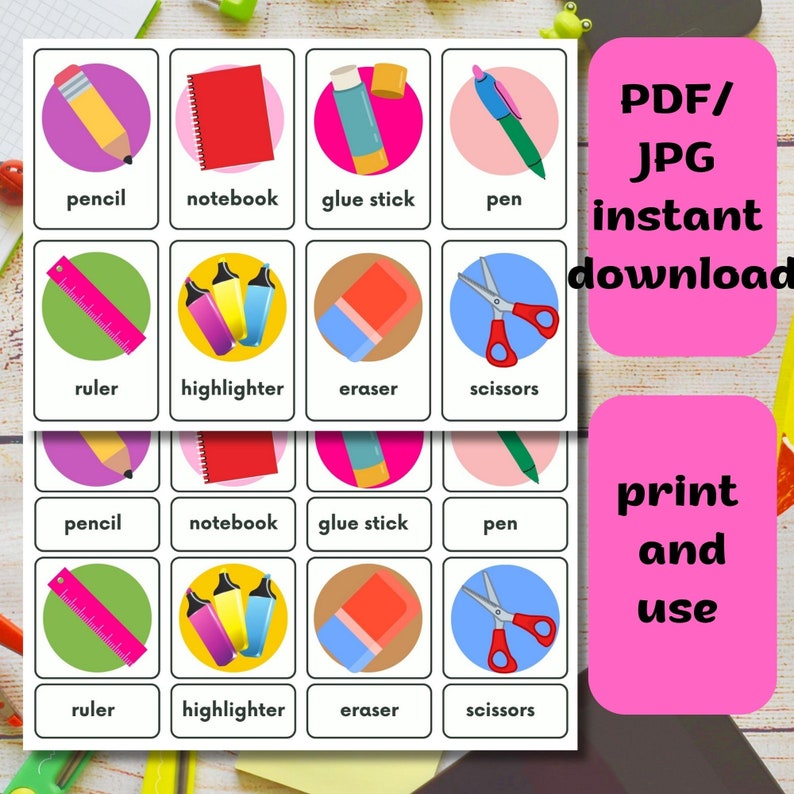 Back to School Items Flashcards School Supplies Vocabulary Picture Word ...