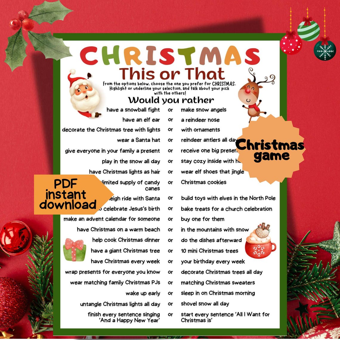 Christmas This or That Game: Printable Kids Activity (digital Download ...