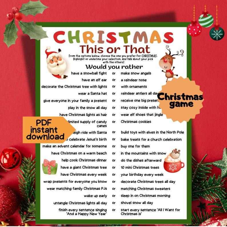 Christmas Winter Themed This or That Would You Rather Game Printable ...